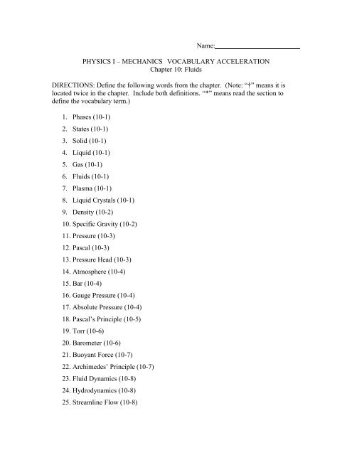 Name: PHYSICS I â MECHANICS VOCABULARY ACCELERATION ...