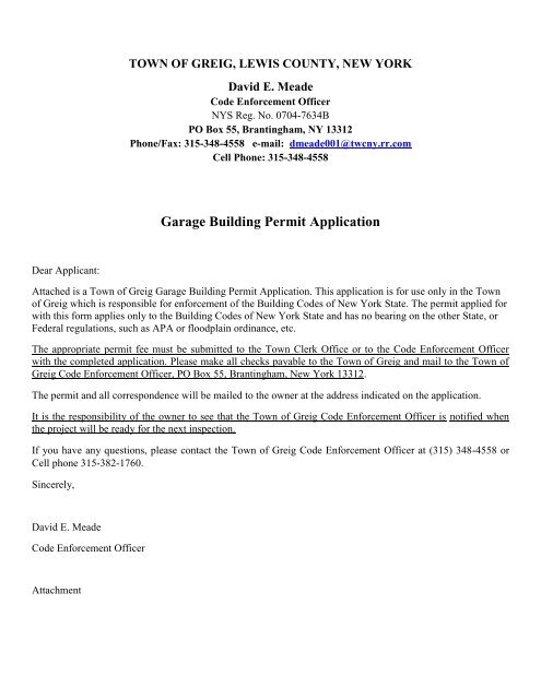 Garage Building Permit Application - Town Of Greig