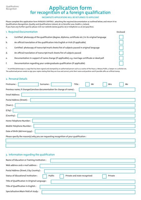 Application form - Qualifications Recognition Application form - Qualifications Recognition