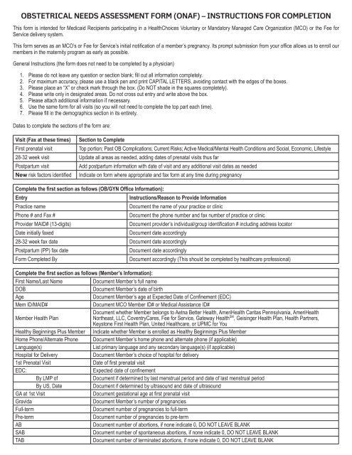 Obstetrical Needs Assessment Form (OBNA) - Geisinger Health Plan