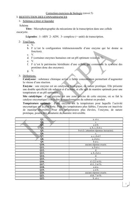 Correction exercices de biologie (envoi 5) I ... - Poly-Prepas