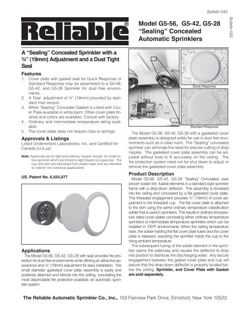 Model G5-56, G5-42, G5-28 “Sealing” Concealed Automatic Sprinklers