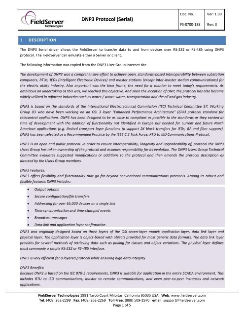 DNP3 Protocol (Serial) - FieldServer Technologies