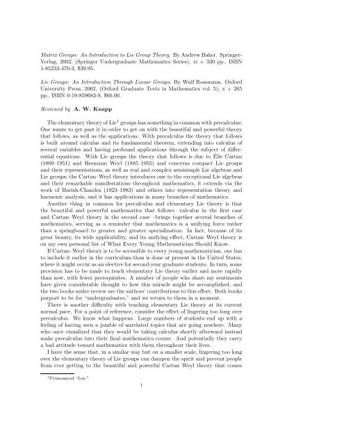 Matrix Groups An Introduction To Lie Group Theory By Andrew