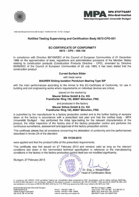 EC Certificate 005.102 MPA Sliding Isolation Pendulum Bearing Typ ...