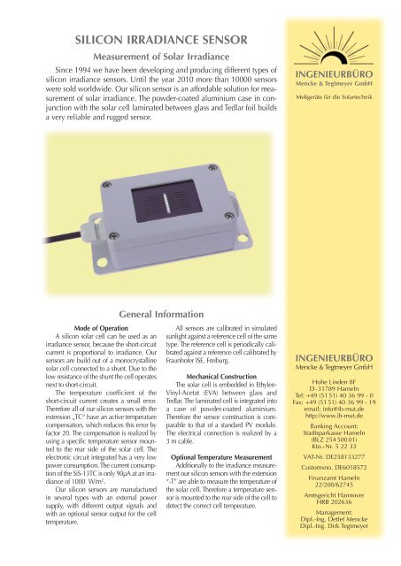 SIlICon IrradIanCe SenSor - METERBUY