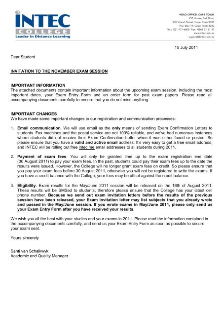 15 July 2011 Dear Student INVITATION TO THE ... - INTEC College