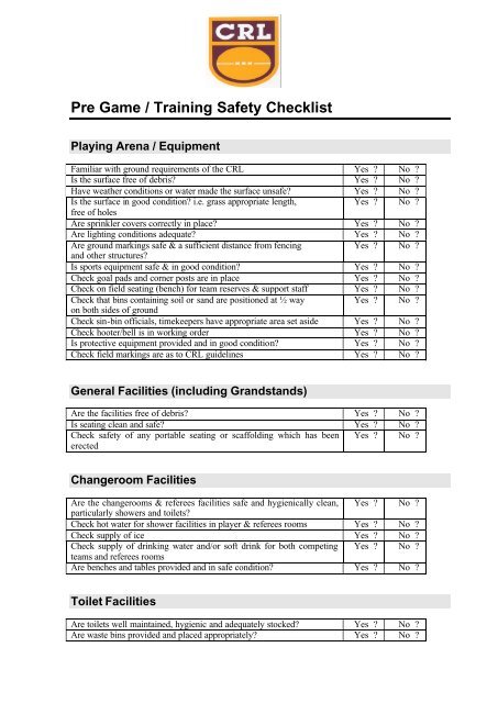 Pre Game Safety Checklist - sle worldwide australia