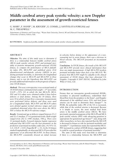 Middle cerebral artery peak systolic velocity: a ... - IngentaConnect