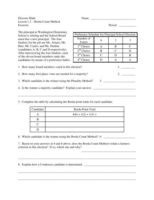 Lesson 1 3 Borda Count Method Exercise Period The Princ