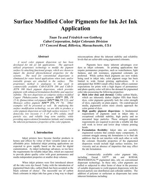 Surface Modified Color Pigments for Ink Jet Ink - Cabot Corporation