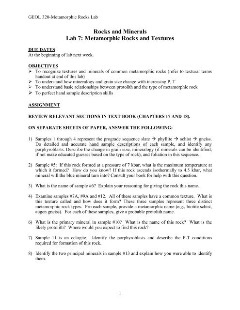 Rocks and Minerals Lab 7: Metamorphic Rocks and Textures