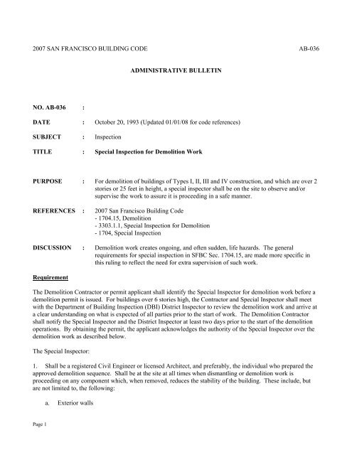 2007 san francisco building code - Department of Building Inspection