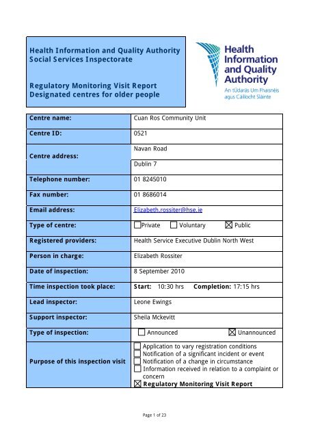 Cuan Ros community Unit, 521, nursing home inspection - hiqa.ie