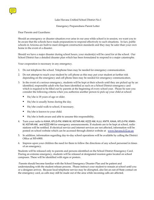 Emergency Preparedness Parent Letter - Lake Havasu Unified ...