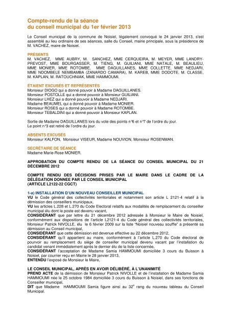 Compte-rendu de la sÃ©ance du conseil municipal du 1er ... - Noisiel