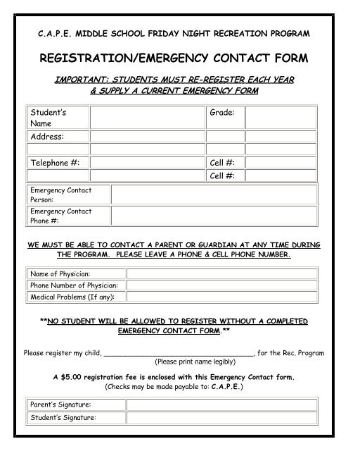 registration/emergency contact form - East Meadow School District