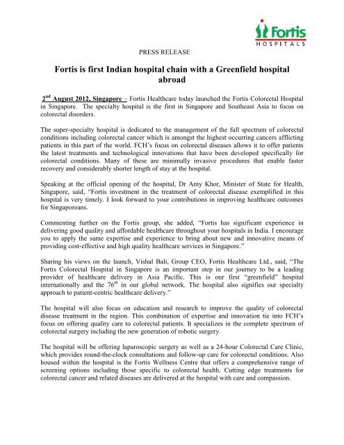 Fortis is first Indian hospital chain with a ... - Fortis Healthcare