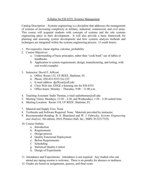 Standardized Syllabus for the College of Engineering