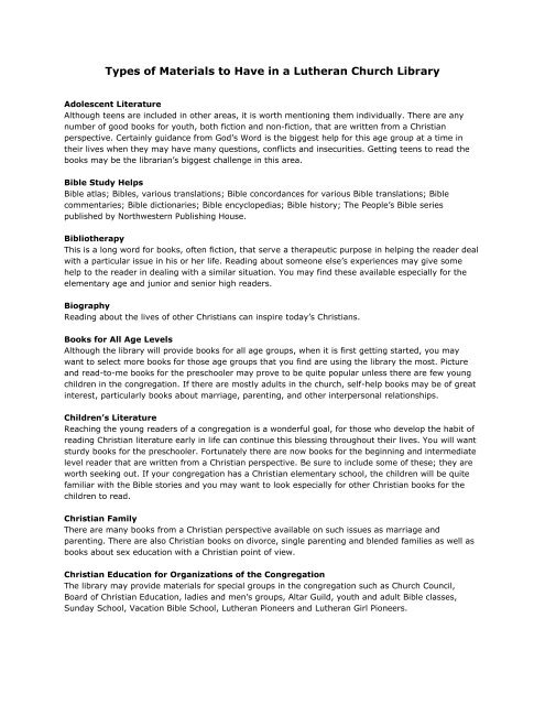 Types of Library Materials - WELS Church Librarians' Organization