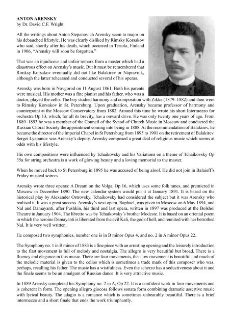 ANTON ARENSKY by Dr. David C.F. Wright All the writings about ...