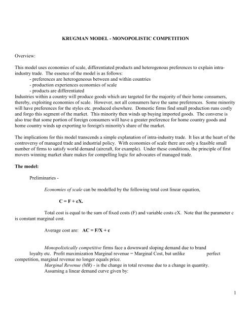 1 KRUGMAN MODEL - MONOPOLISTIC COMPETITION Overview ...