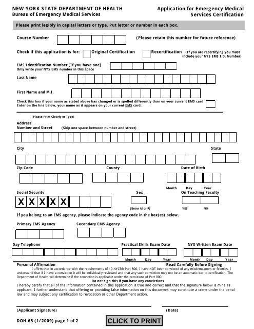 DOH-65 Application for Emergency Medical Services Certification