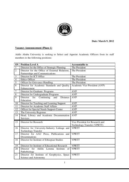 Announcement Phase One - Addis Ababa University