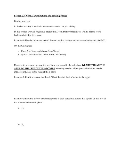 Section 5.3: Normal Distributions and Finding Values Finding z ...