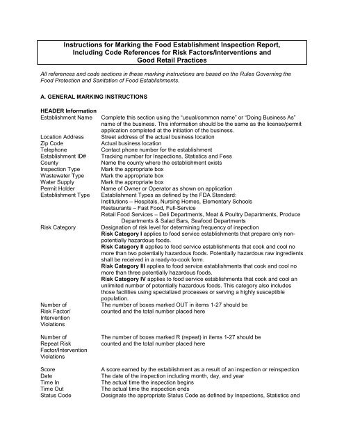 Food Establishment Inspection Report Marking Instructions