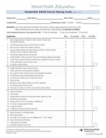 Scoring Instructions - NICHQ Vanderbilt Forms