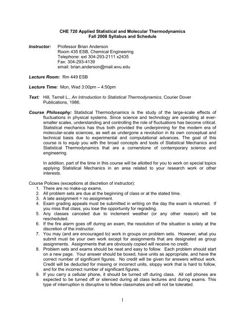 CHE 320 - Chemical Engineering Thermodynamics - Department of ...