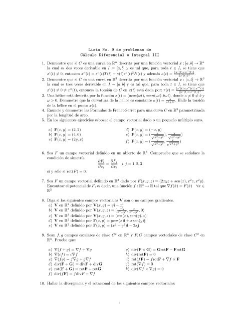 Lista No. 9 de problemas de CÃ¡lculo Diferencial e Integral III