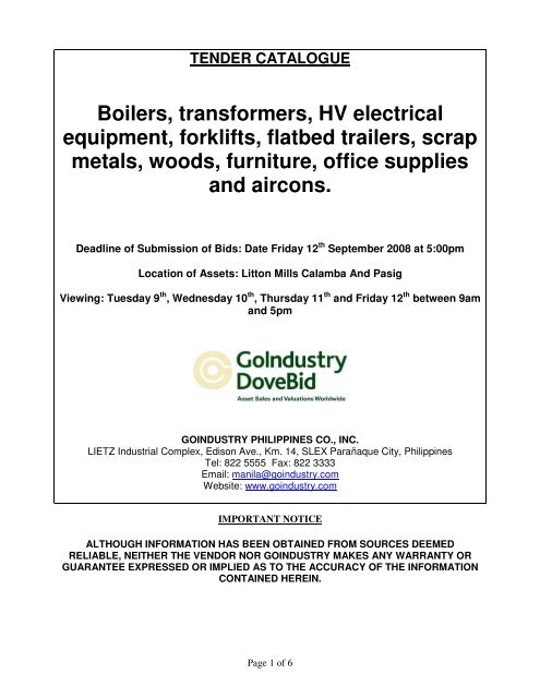 TENDER CATALOGUE Boilers, transformers, HV electrical equipment