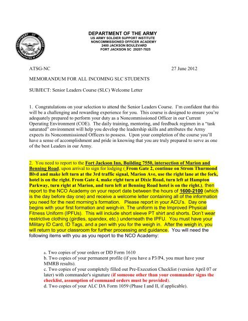 Senior Leaders Course (SLC) Welcome Letter 1. Congratul