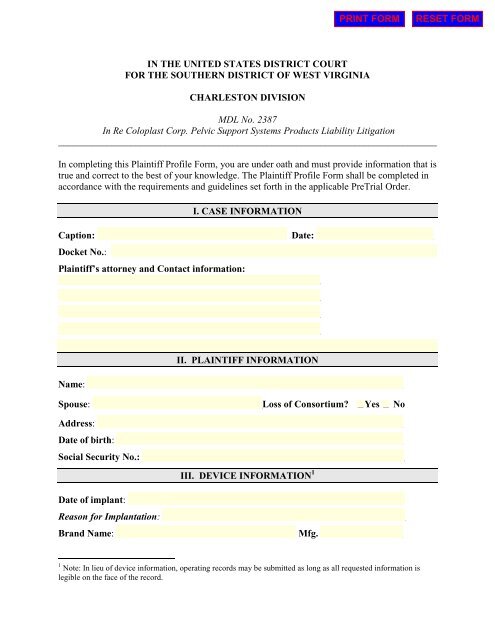 Plaintiff Profile Form (PDF) - Southern District of West Virginia