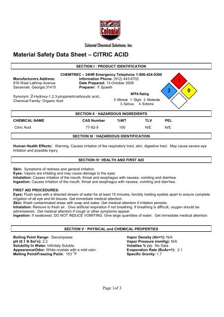 Msds Citric PDF Flammability Personal Protective Equipment, 44% OFF