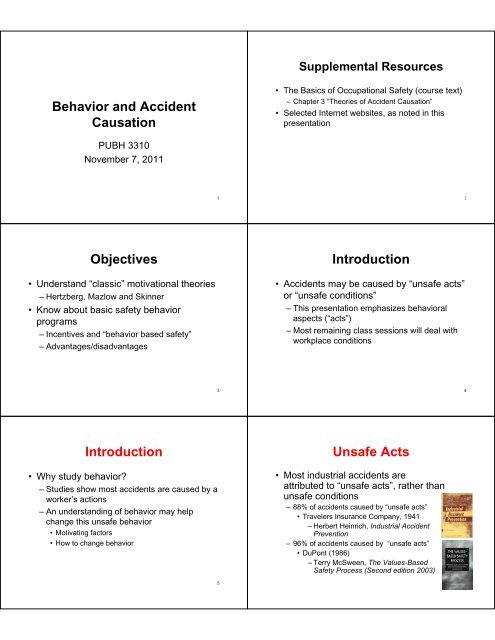 Behavior and Accident Causation Objectives Introduction ...