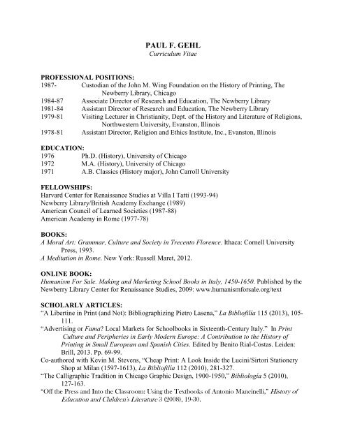 PAUL F. GEHL - Newberry Library