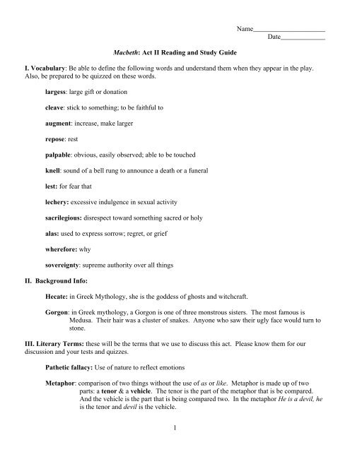 Macbeth : Act II Reading and Study Guide