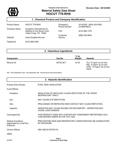 HOCUT 776-RHS MSDS Sheet - Quality Tools & Services, Inc.