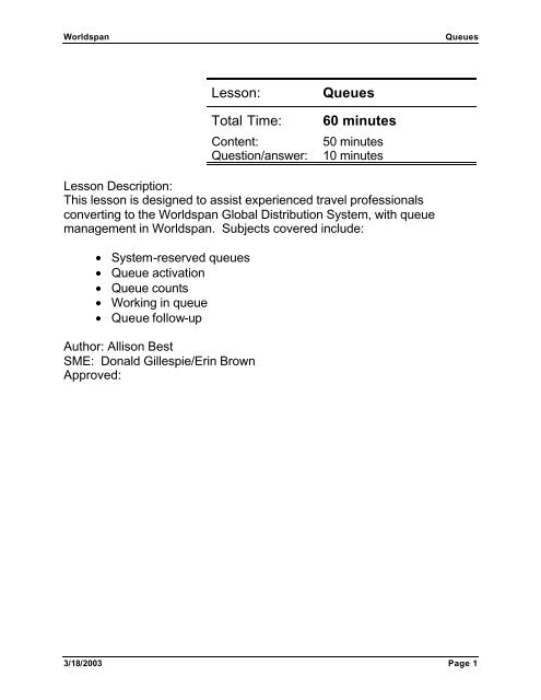 Lesson: Queues Total Time: 60 minutes - Global Learning Center