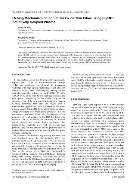Etching Mechanism of Indium Tin Oxide Thin Films - Transactions on ...