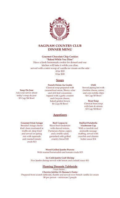 saginaw country club dinner menu