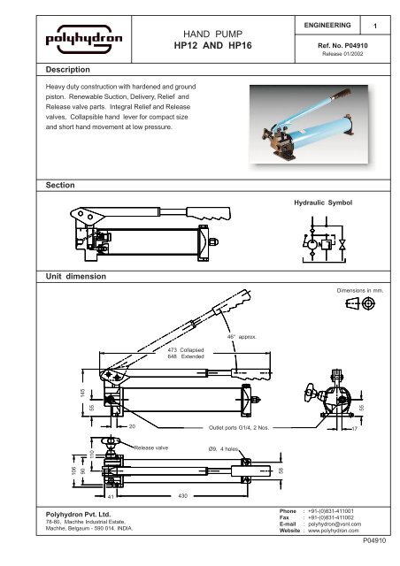 HAND PUMP HP12 AND HP16 - Polyhydron Group of Industries.