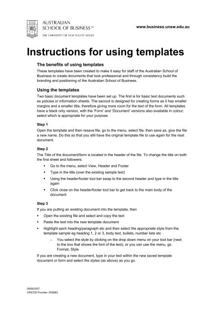Instructions for using templates