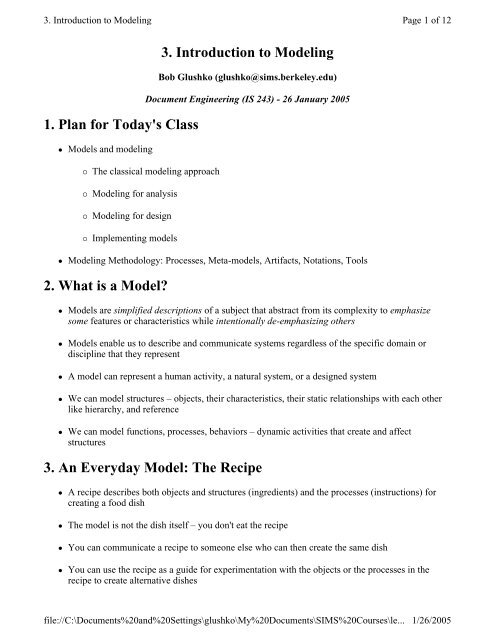 3. Introduction to Modeling 1. Plan for Today's Class 2 ... - Courses
