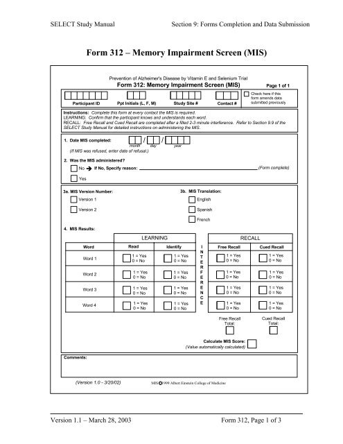 Form 312 â Memory Impairment Screen - SWOG Statistical Center