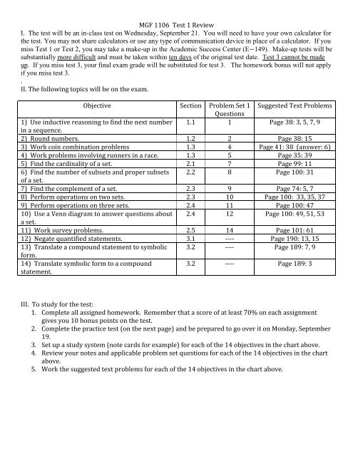 MGF 1106 Test 1 Review I. The test will be an in-class test on ...