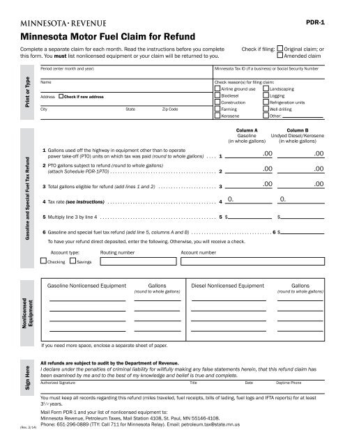 Form PDR-1, Minnesota Motor Fuel Claim for Refund